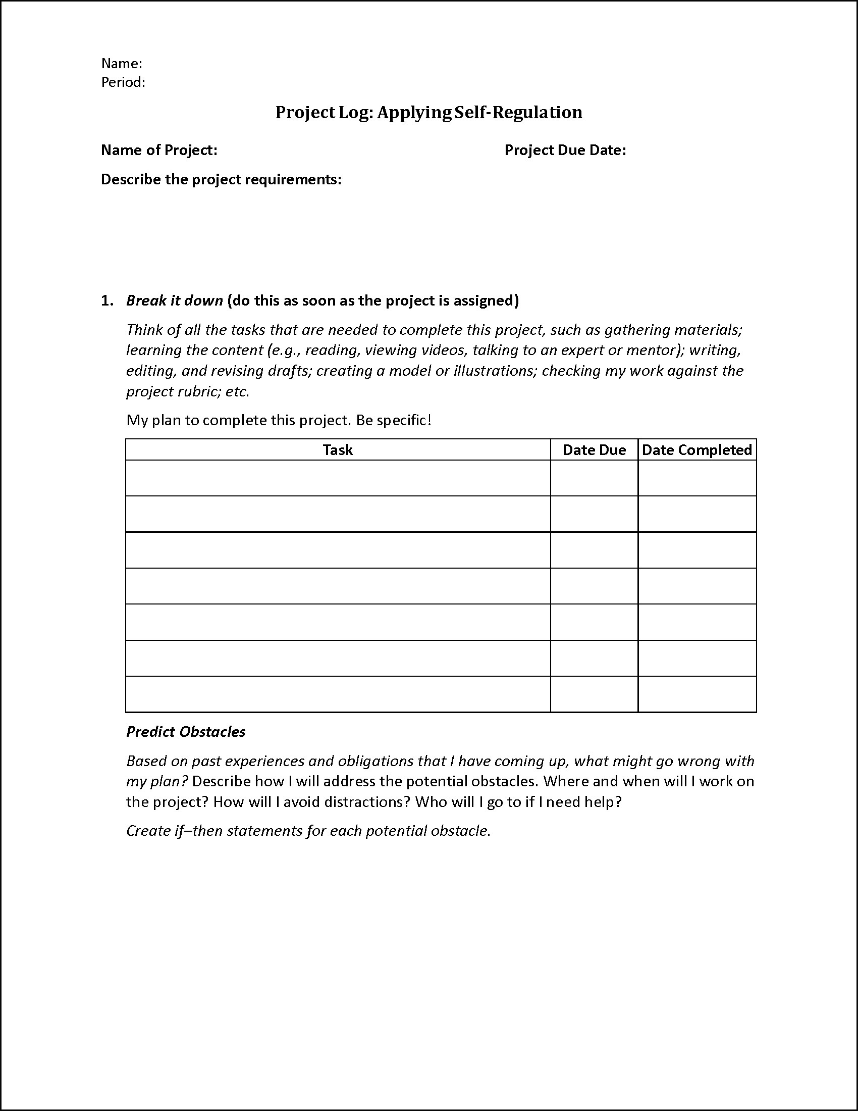 Self-Regulation Lessons [Intermediate]: Materials